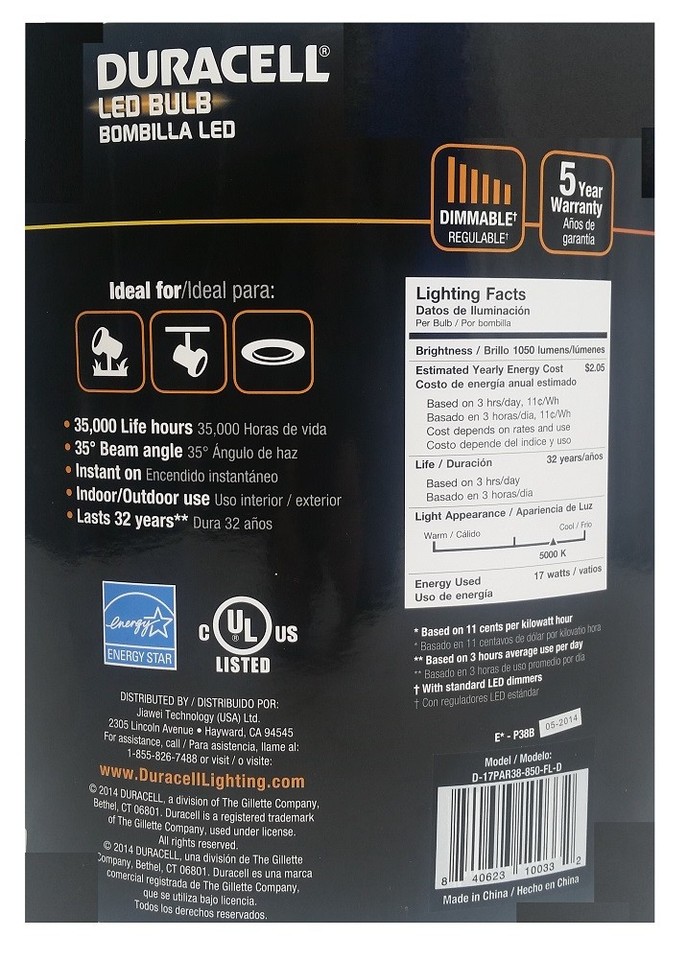Duracell Brand 85W Equivalent Cool White PAR38 Dimmable LED Spot Light ...