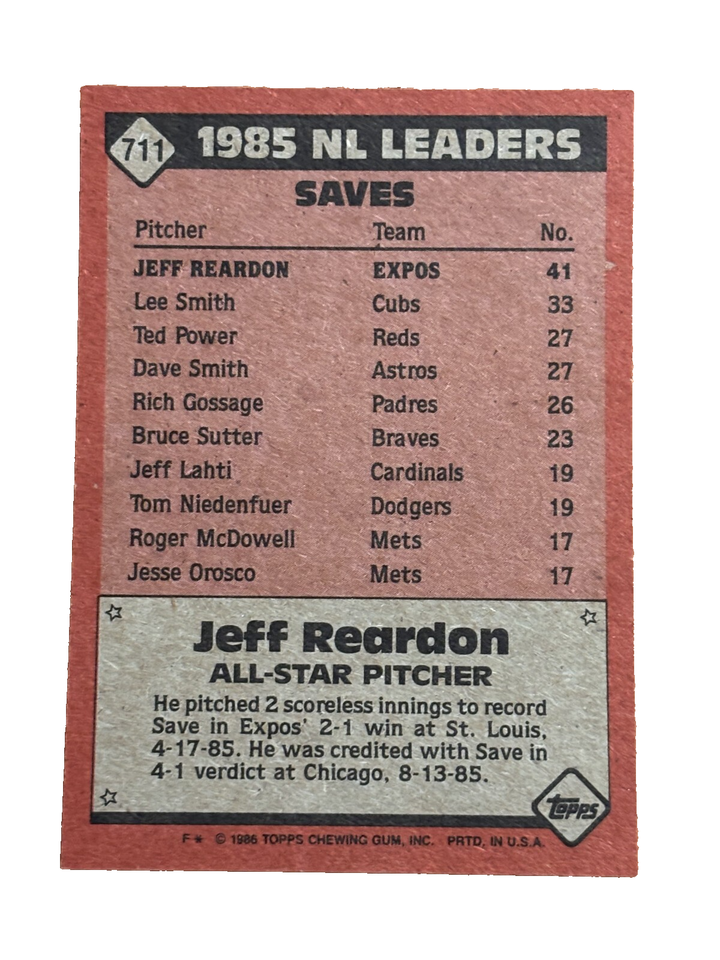 Excellent: Vintage 1986 topps Jeff Reardon Montreal Expos Trading Card ...