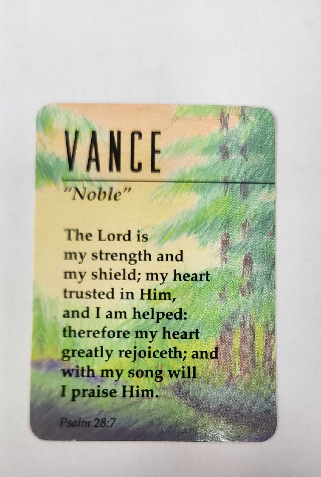 Vance " Noble " Keepsake Name Meaning Card Bible Verse Psalm 28:7 | eBay