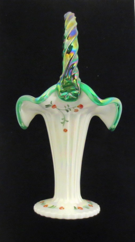 Fenton Iridescent white glass trumpet basket-Emerald green handle/crest ...