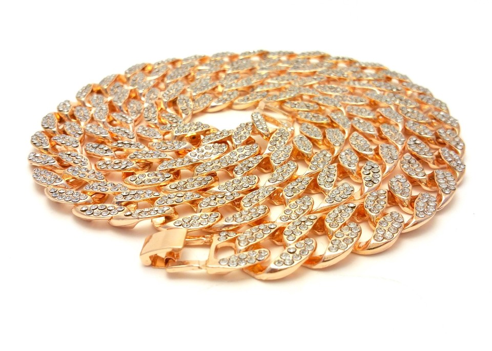 Mens 14K Rose Gold Finish Rapper's Miami Cuban Link Chain Necklace | eBay