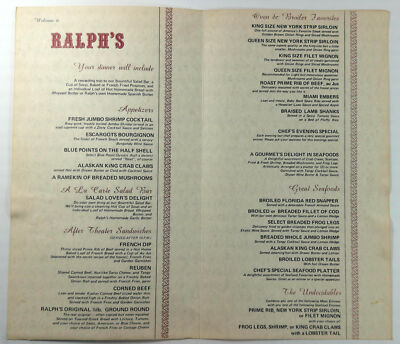 1974 Original Menu RALPH'S Restaurant | eBay