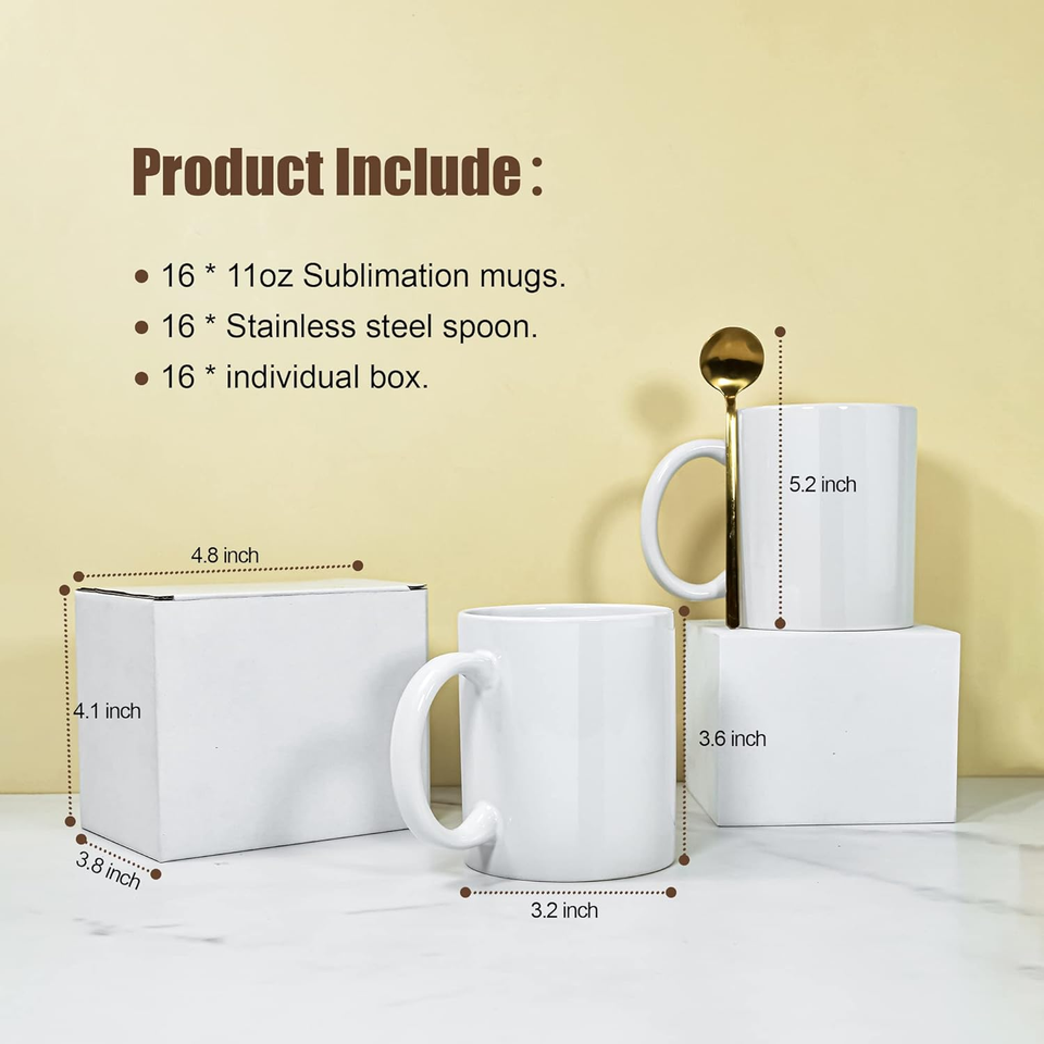 16Pcs 11 Oz Sublimation Mugs Blank, White Coffee Ceramic Mugs Bulk ...