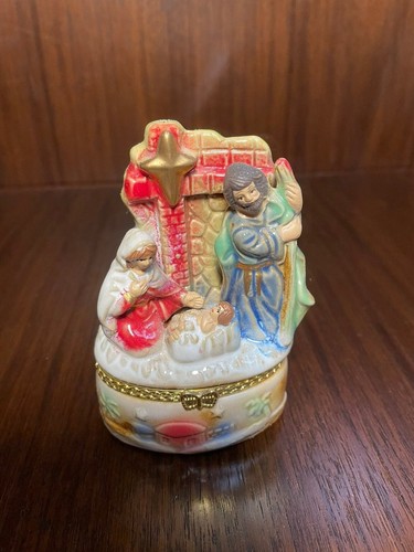 Nativity Hinged Trinket Box Soft Colors Gold Ribbon Around The Opening ...