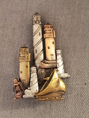 Tricolor Gold Silver Matte Finish LIGHTHOUSE Brooch Beachy Coastal Cape ...