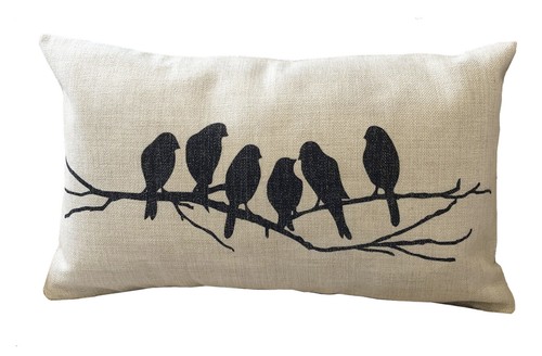 BLACK BIRDS on BRANCH Cushion cover Cotton / Linen Lumbar Rectangle 12 ...