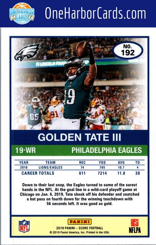 2019 Score Philadelphia Eagles Football Card #192 Golden Tate III | eBay