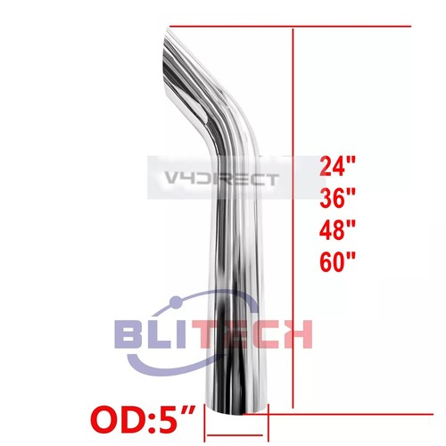 Chrome 5" OD x 24" 36" 48" 60" Long Bull Horn Stack Pipe Exhaust Semi ...