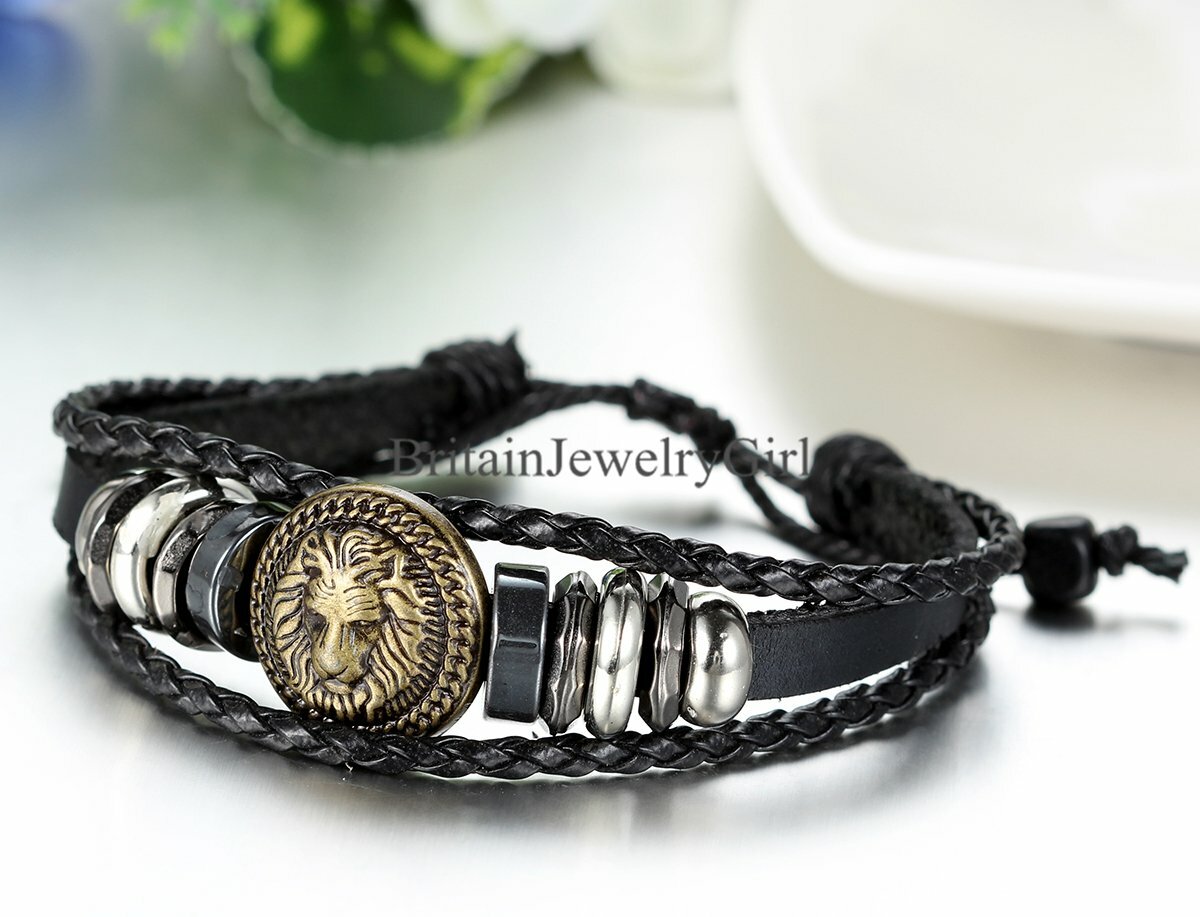 Men Women Multilayer Lion Head Braided Leather Cuff Bangle Bracelet ...