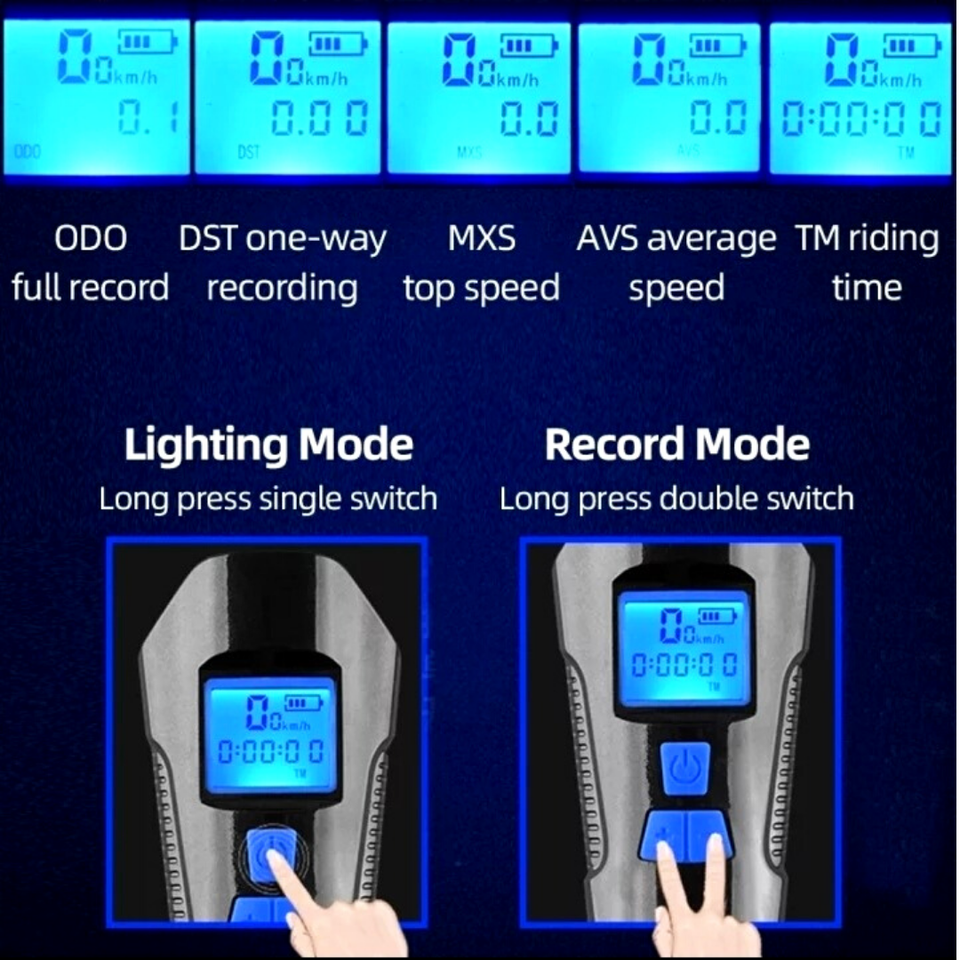 5 Mode USB Rechargeable LED Bike Front Light Headlight Horn Bell + Rear ...