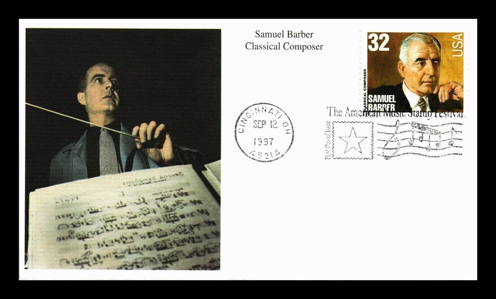 SAMUEL BARBER CLASSICAL COMPOSER 1997 MYSTIC FDC BIO ON REVERSE UNADDR ...