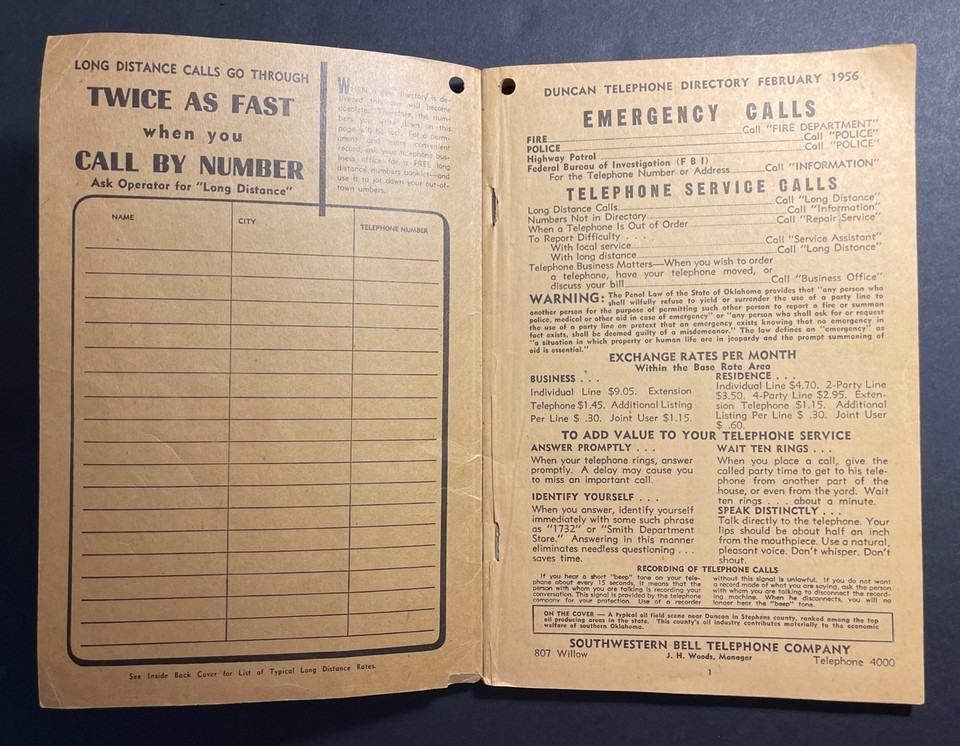 Duncan Oklahoma Telephone Directory February 1956 | eBay
