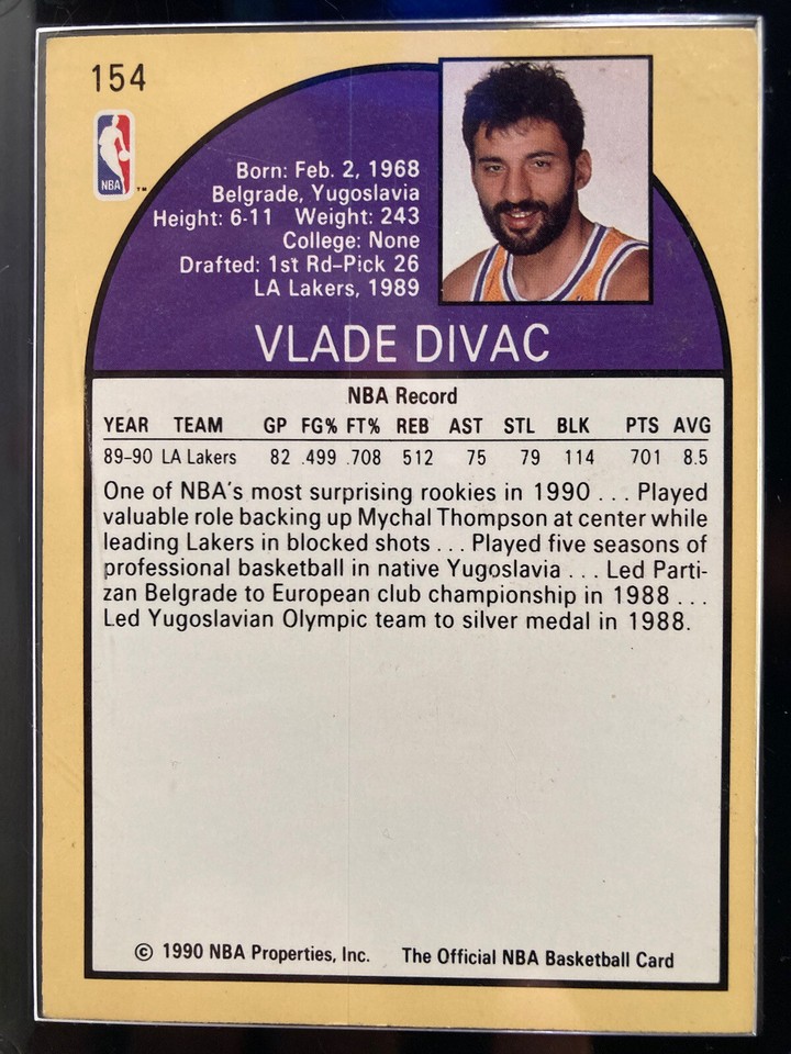 Vlade Divac Rookie Card #154 NBA Hoops LA Lakers With Ultra Pro Case ...