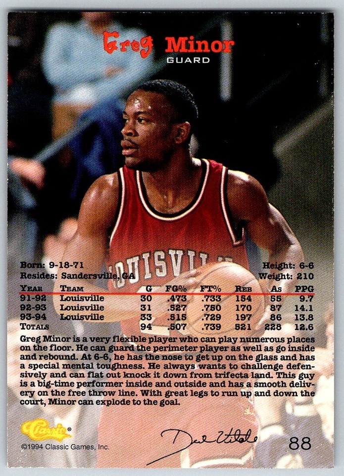 1994-95 Classic Draft GREG MINOR #88 Louisville Cardinals | eBay