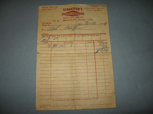 Schaeffer's Harley Davidson Sales & Service Receipt 1974 Orwigsburg PA ...