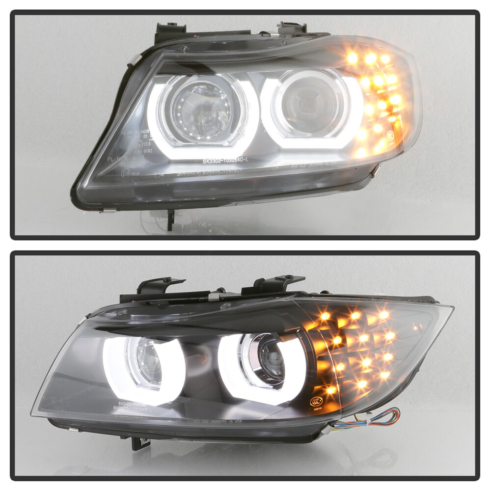 Black 2009-2011 BMW E90/E91 Halogen 328i Sedan LED 3D Halo Projector ...