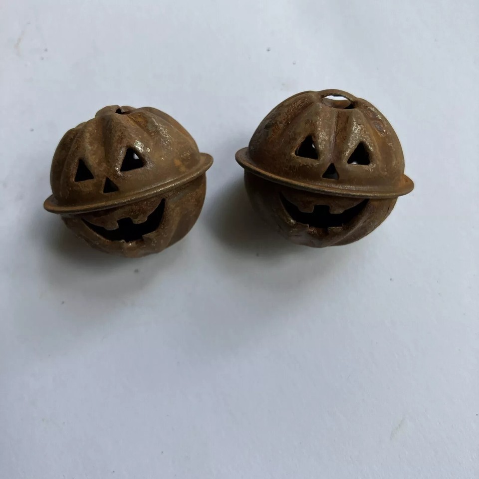 5 Primitive Fall Rusty Metal Pumpkin Jingle Bells 1' Jack O Lantern ...