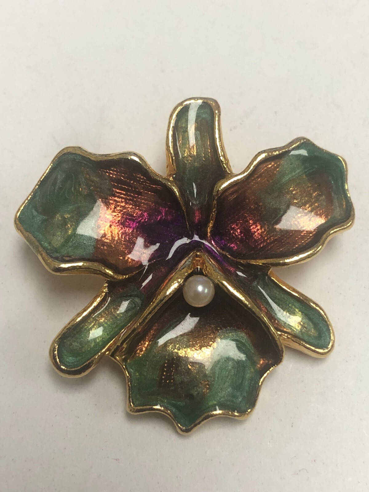 VINTAGE GIOVANNI SIGNED ORCHID FLOWER ENAMEL AND FAUX… - Gem