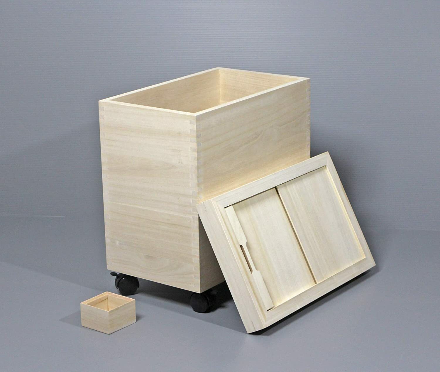 20kg Japanese Wooden Rice Bin Storage Removable Lid w/Casters & Rice ...