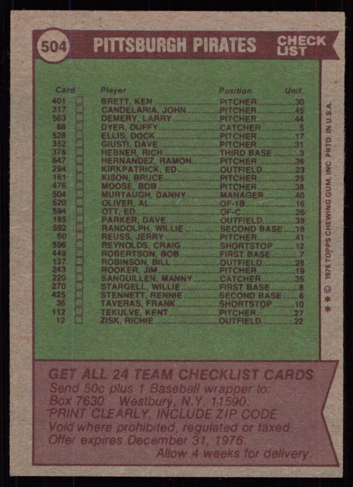 1976 Topps Pittsburgh Pirates - Danny Murtaugh Pittsburgh Pirates #504 ...