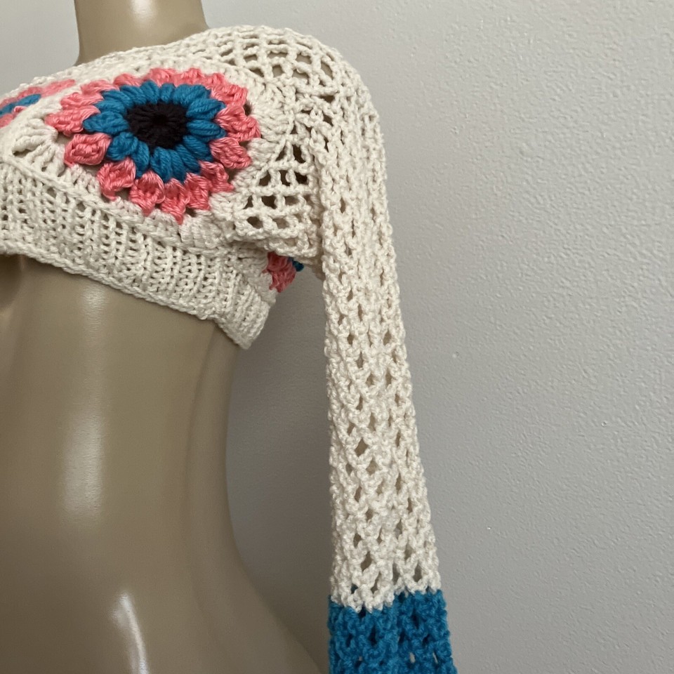 Handmade Crochet fishnet Boho Sunflower Granny Square bell Sleeve crop ...