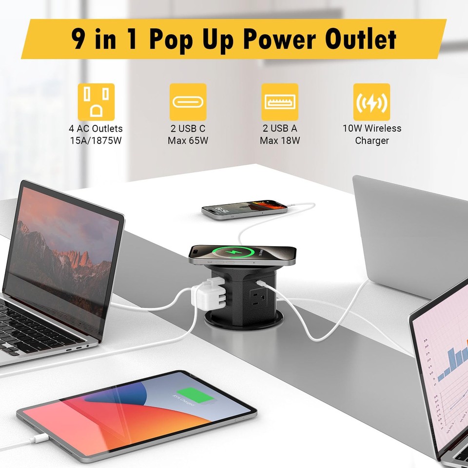 Pop Up Outlet for Countertop Kitchen, 65W USB C Wireless Counter Top ...