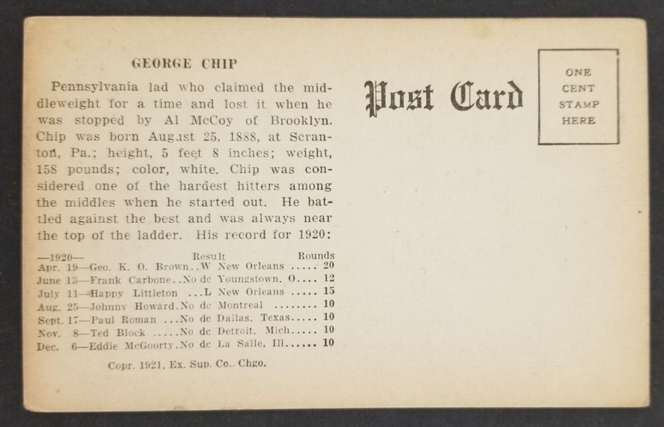 Vintage 1921 George Chip Boxer Boxing Stat Back Postcard (Soft Corners ...