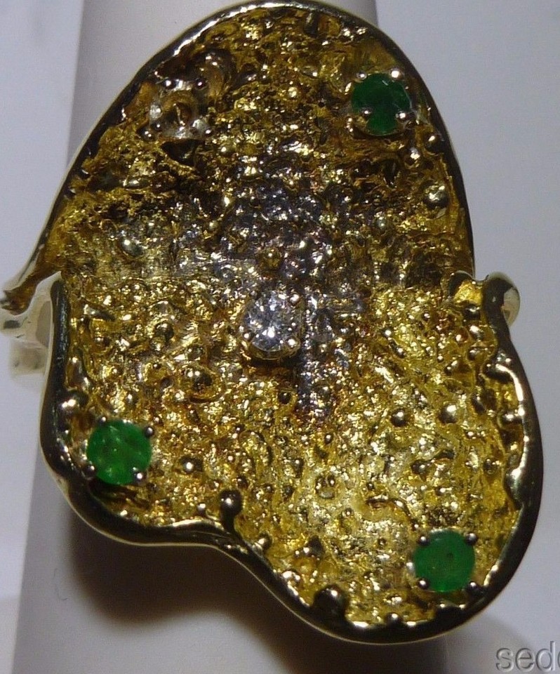 Stunning 14k Green Gold Ring Sea Shell Nugget 1 Diamond & 3 Emeralds ...