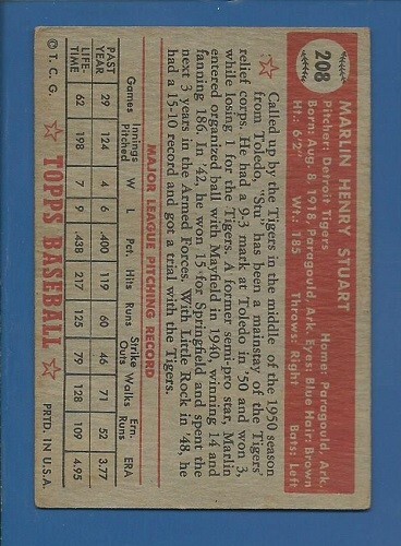 1952 TOPPS # 208 MARLIN STUART DETROIT TIGERS VGEX FREE SHIPPING | eBay
