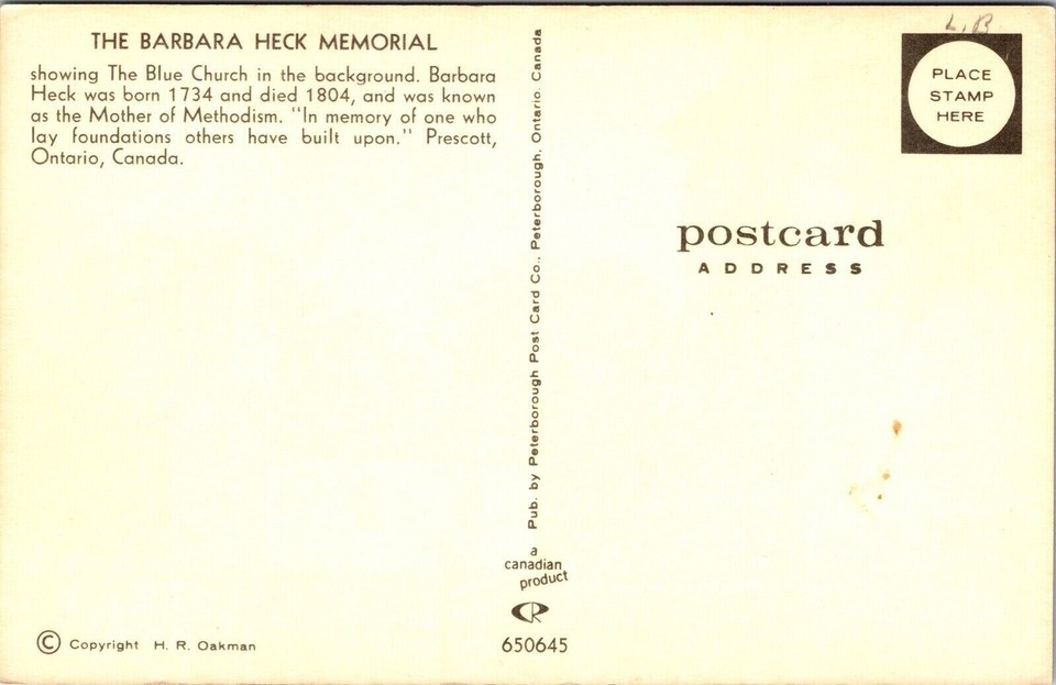 Barbara Heck Memorial Blue Church Mother Methodism VTG Postcard UNP ...