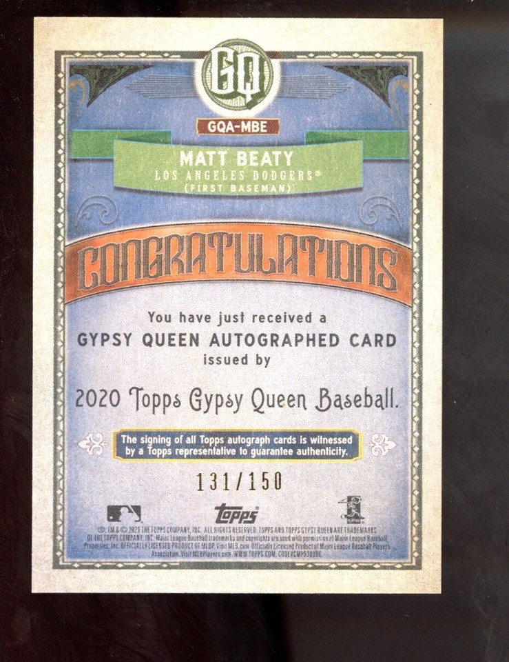 2020 Topps Gypsy Queen Gypsy Queen Auto Indigo /150 Matt Beaty #GQA-MBE ...