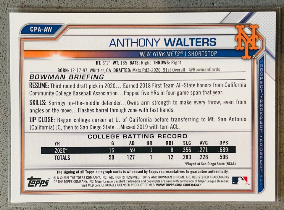 2021 Bowman Chrome 1st Prospects Baseball #CPA-AW Anthony Walters Auto ...