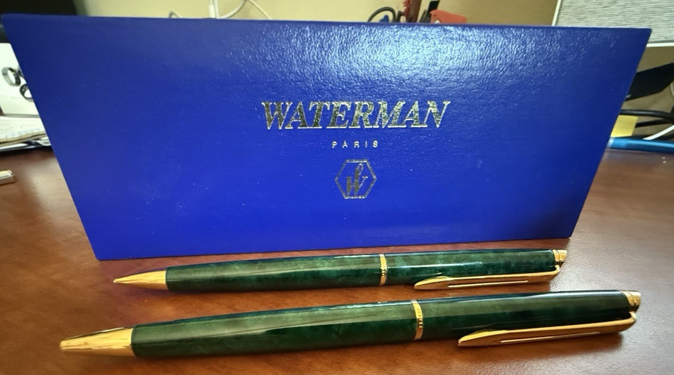 Waterman Hemisphere Set Marble Green & Gold Ballpoint Pen & Pencil Set ...