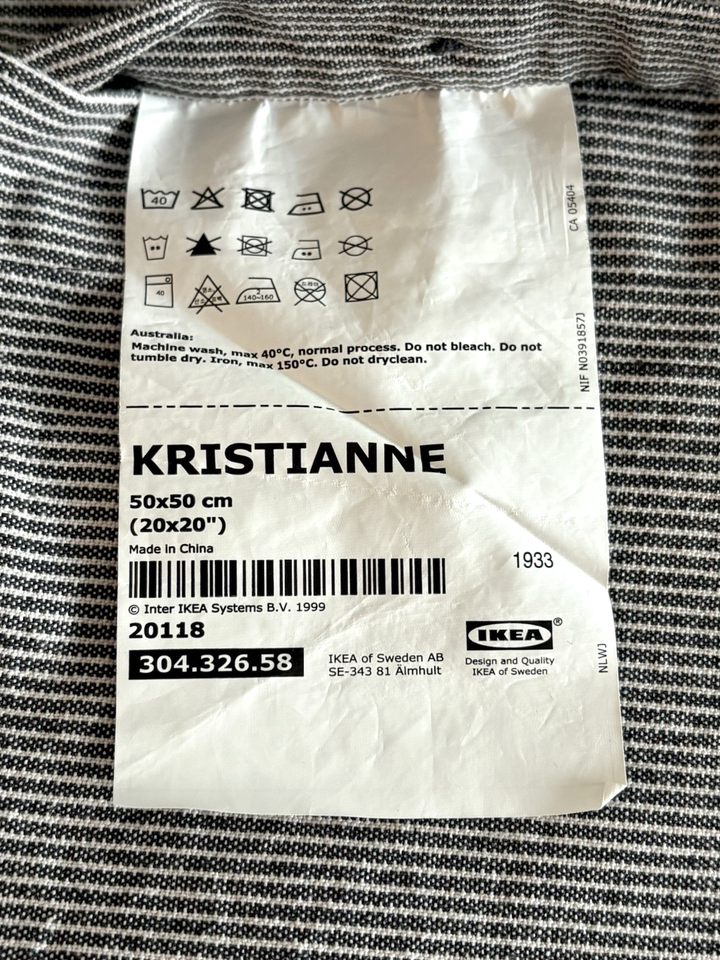 Ikea KRISTIANNE Pillow Cover Gray Cotton Ticking Stripe Button Close 20 ...