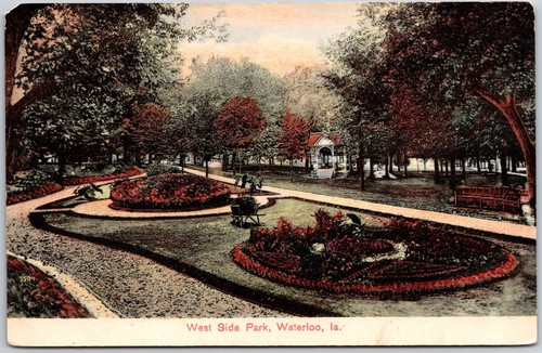 Waterloo Iowa IA, 1908 West Side Park, Pathways, Flower Beds Pavilion ...