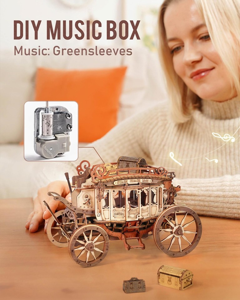 ROKR 3D Wooden Puzzle Stagecoach Music Box DIY Mechanical Model Kits ...