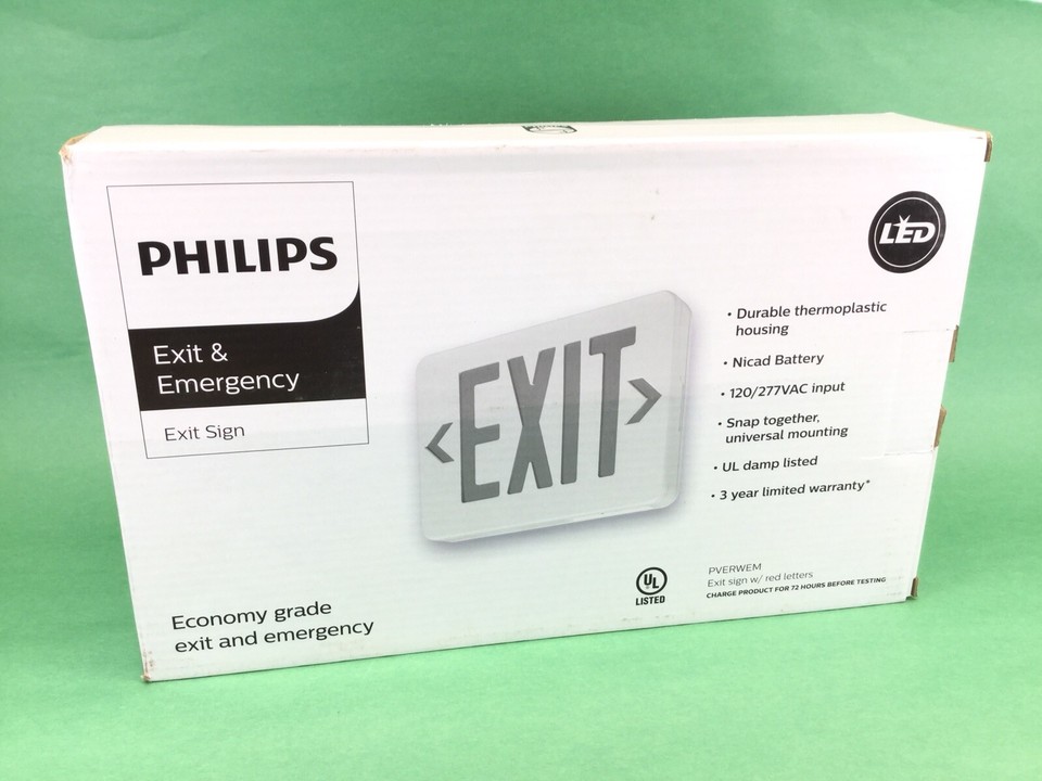 Philips PVERWEM Emergency LED Exit Sign Red Letter White Sign. | eBay