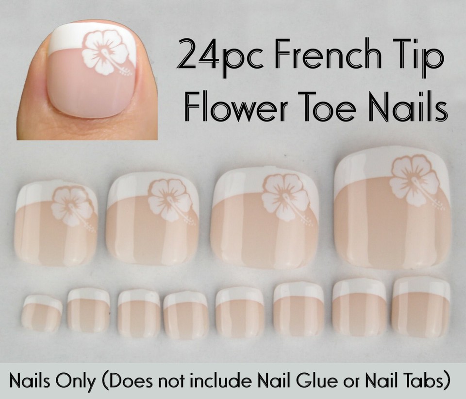 24pc Square French Tips Full Nails Cover Press On Toe Stick DIY Cute ...