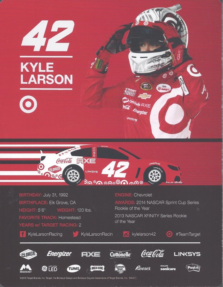 2015 KYLE LARSON "TARGET GANASSI RACING" #42 NASCAR SPRINT CUP POSTCARD ...