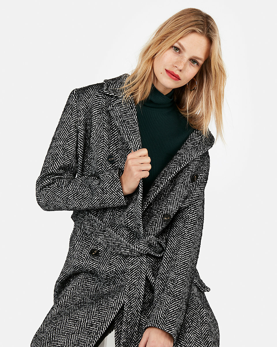 NEW EXPRESS $228 BLACK & WHITE BELTED WOOL BLEND TWEED TRENCH COAT SZ ...