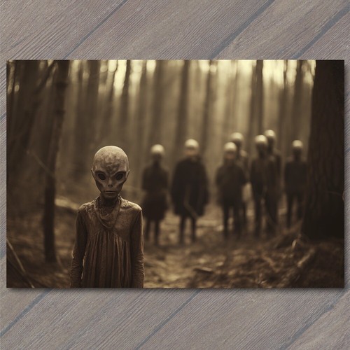 POSTCARD Weird Creepy Alien Group Encounter Unusual Woods Strange ...