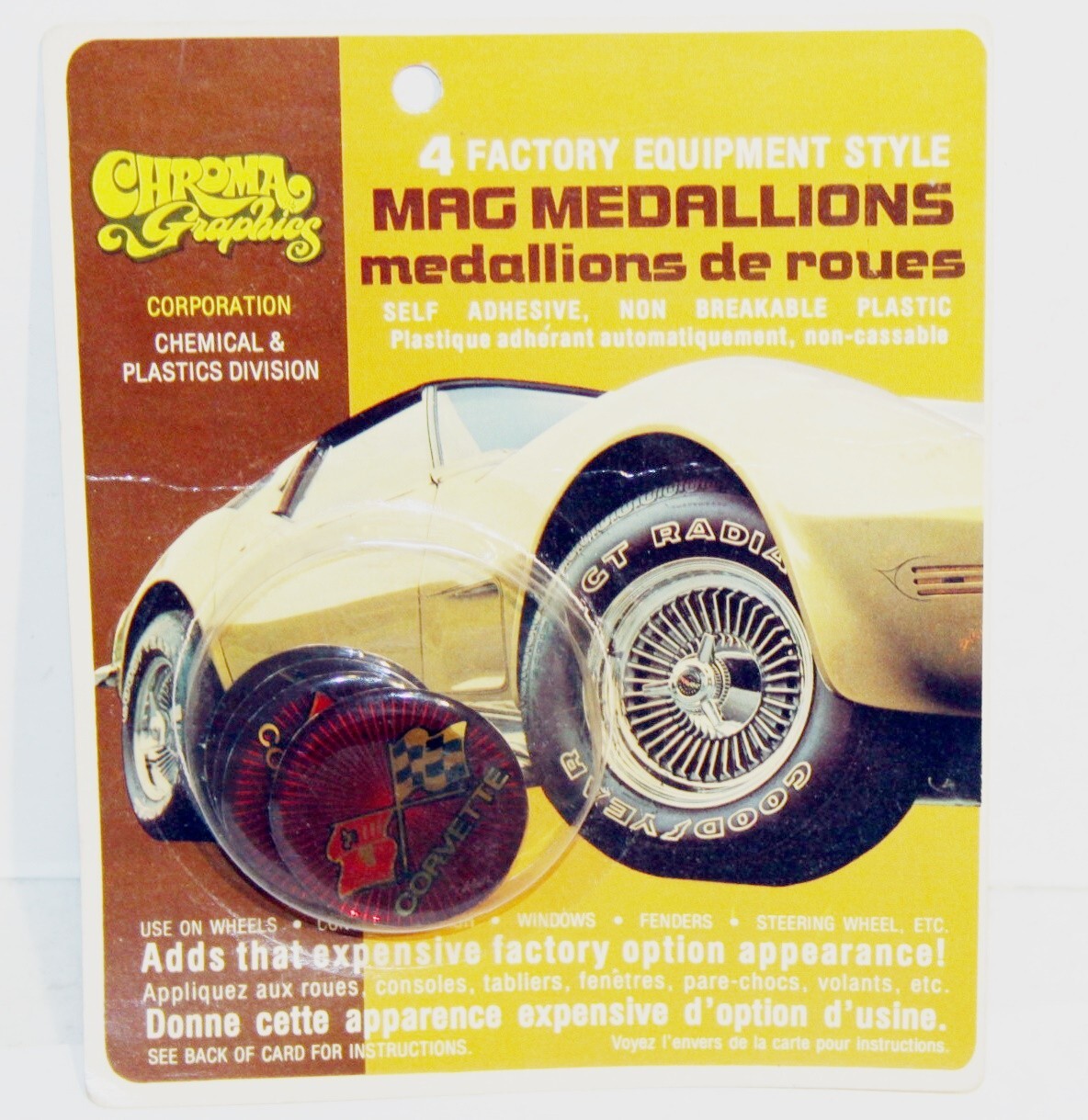 NOS Chroma Graphics mag medallions, wheel center cap stickers, Chevy ...