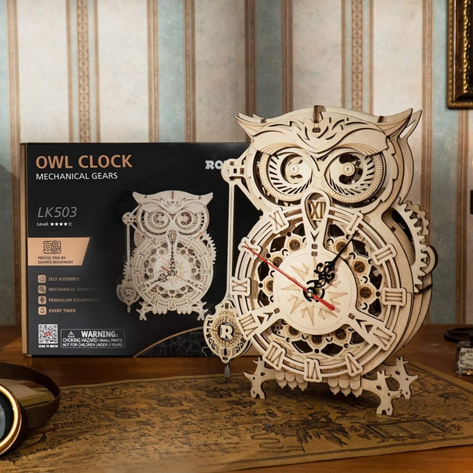 ROKR 3D Wooden Puzzle Mechanical Gear Clock Owl Model Kits for Teens ...