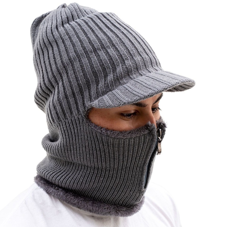 Mens Winter Warm with Brim Cap Hat Knit Visor Beanie Fleece Lined Scarf ...