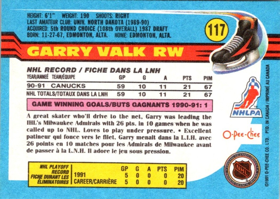 1991 O-Pee-Chee Garry Valk #117 Vancouver Canucks Hockey Card | eBay