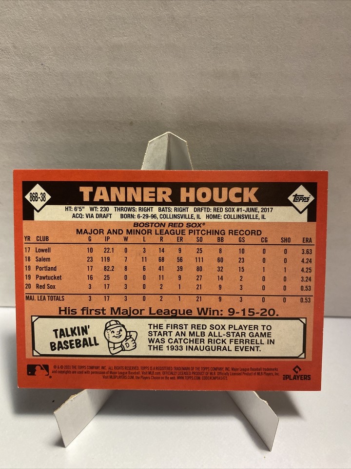 2021 Topps TANNER HOUCK Rookie Card RC #86B-38 Boston Red Sox 1986 ...