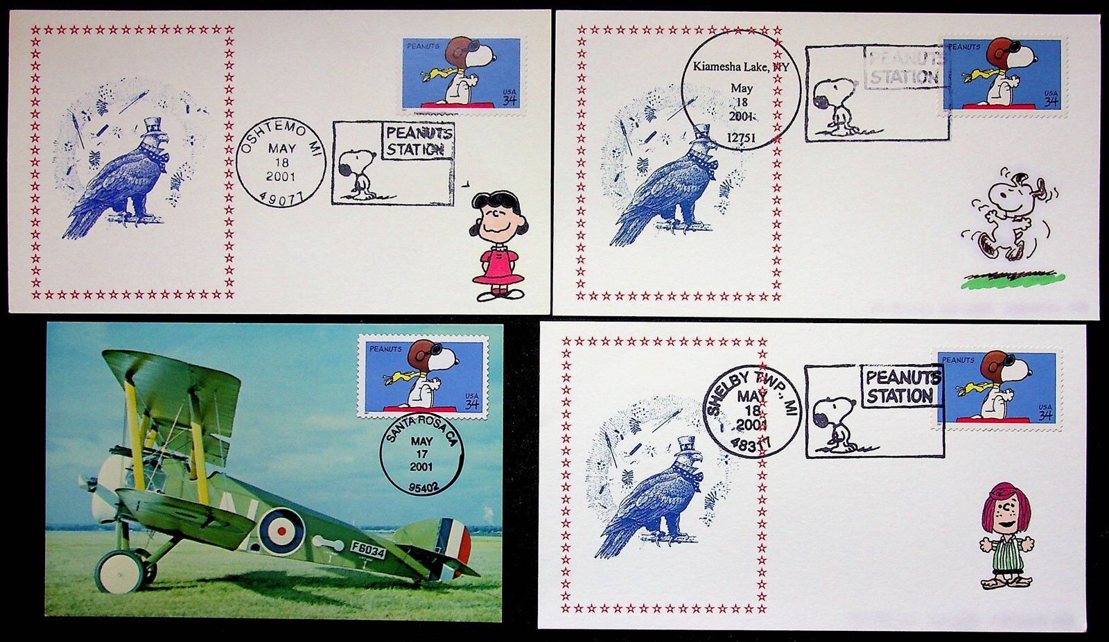 4 Peanuts Station Mailing Cards PMW Hand Colored Snoopy Peppermint ...