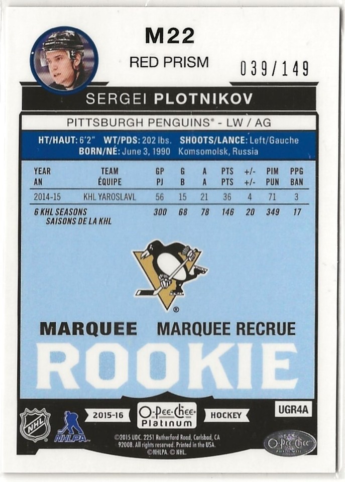 2015-16 O-Pee-Chee Platinum Marquee Rookies Red Prism #M22 Sergei Plotnikov /149 | eBay
