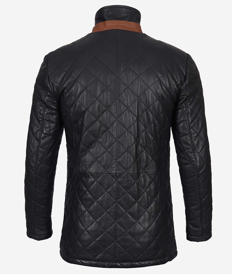 Black Leather Style Diamond Quilted Leather Coat With Brown Accents | eBay
