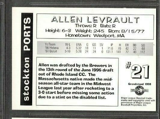 1998 Grandstand #21 Allen Levrault Stockton Ports Baseball Signed ...